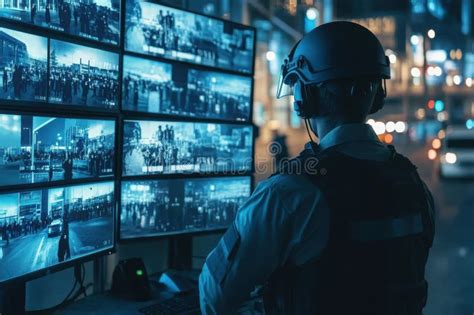 Surveillance Operator Monitoring Multiple Security Feeds In A High Tech Control Room At Night