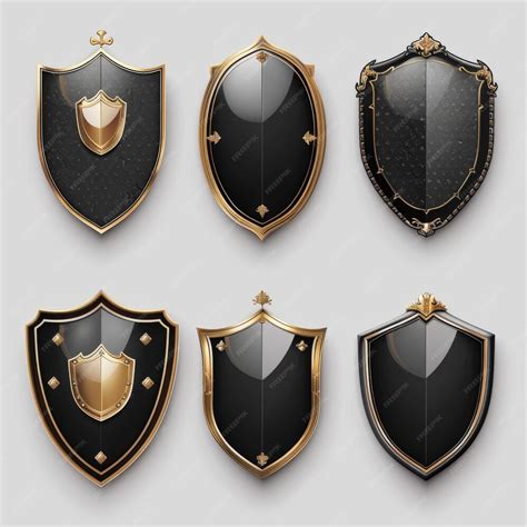 A Set Of Black And Gold Shields With A Gold And Black Design Premium