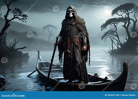 Charon The Skeletal Ferryman Clad In Tattered Robes Navigating The