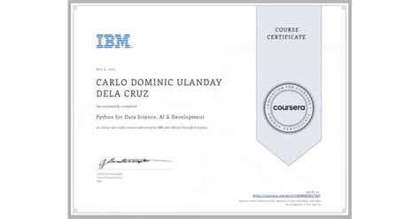 Completion Certificate For Python For Data Science Ai And Development Carlo Dominic Dela Cruz Msce