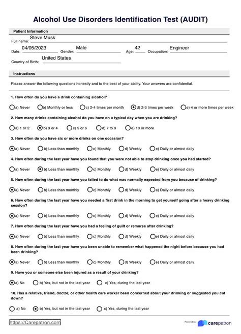 Alcohol Use Disorders Identification Test Audit And Example Free Pdf