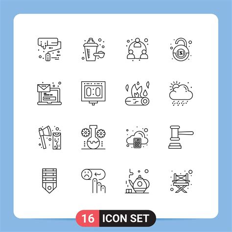 Outline Pack Of 16 Universal Symbols Of Laptop Computer Marketing Security Financial Editable