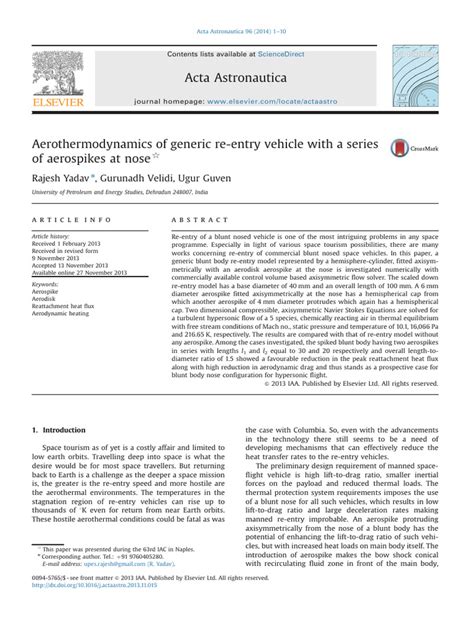 Aerothermodynamics Of Generic Re Entry Vehicle With A Seri 2014 Acta Astrona Pdf