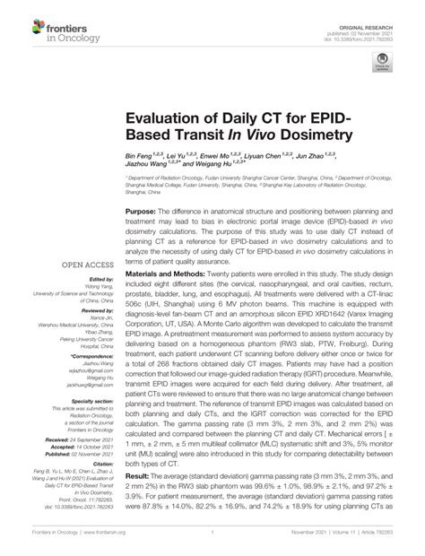 Pdf Evaluation Of Daily Ct For Epid Based Transit In Vivo Dosimetry