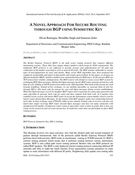 A Novel Approach For Secure Routing Through Bgp Using Symmetric Key Pdf