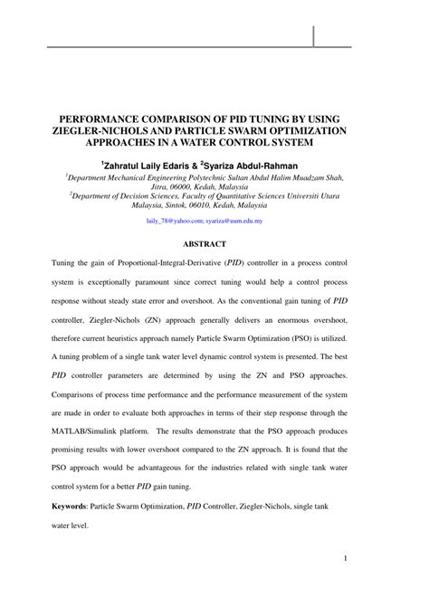 Pdf Performance Comparison Of Pid Tuning By Using Ziegler Nichols And Particle Swarm