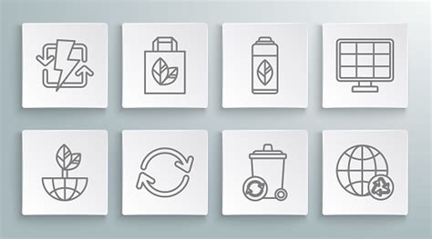 세트 라인 지구 지구본과 잎 재활용 새로 고침 휴지통 기호 행성 지구 재활용 재활용 플라스틱 병 태양 에너지 패널 및 충전 아이콘이있는 종이 쇼핑백 벡터 0명에 대한 스톡