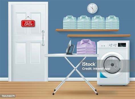 세탁실 블루 배경에 현실적인 벡터 그림 표지 템플릿 배너 디자인 가구에 대한 스톡 벡터 아트 및 기타 이미지 가구 가사
