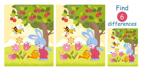 차이점 아이들을위한 교육 게임을 찾으십시오 귀여운 만화 토끼 꿀벌 달팽이 벚나무 꽃 토끼 물을 주는 꽃이 있는 플랫 벡터 그림 다양에 대한 스톡 벡터 아트 및 기타 이미지