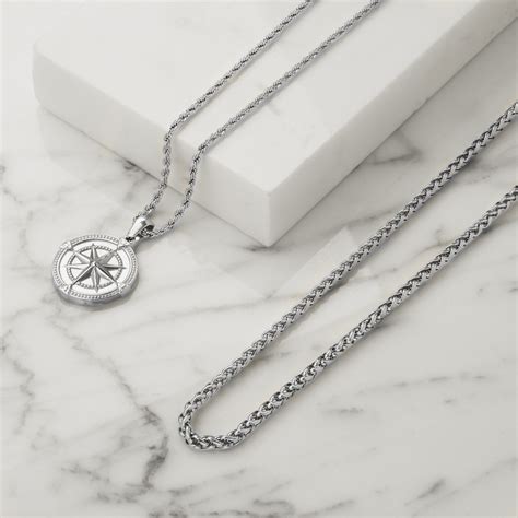 Colar Masculino Em Camadas Pingente Bússola 2 Peças Aço Prata Loja Hey Dude