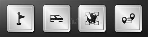 Set Location Marker High Speed Train World Globe With Compass And Route Location Icon Silver