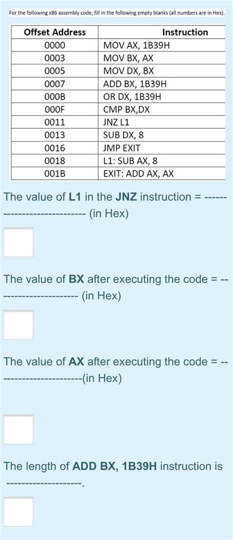Solved For The Following X86 Assembly Code Fill In The