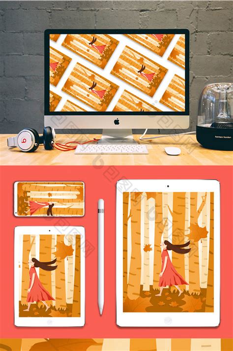 梦幻森林红衣女孩立秋秋分节气插画图片 包图网