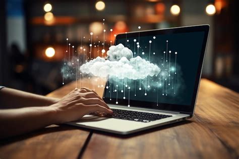 Premium Photo Hand Holding Virtual Cloud Computing With A Laptop On An Old Wood Table