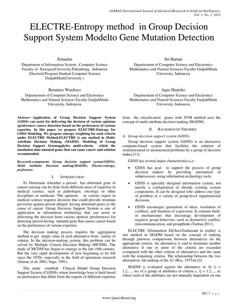 Pdf Electre Entropy Method In Group Decision Support System Modelto Gene Mutation Detection