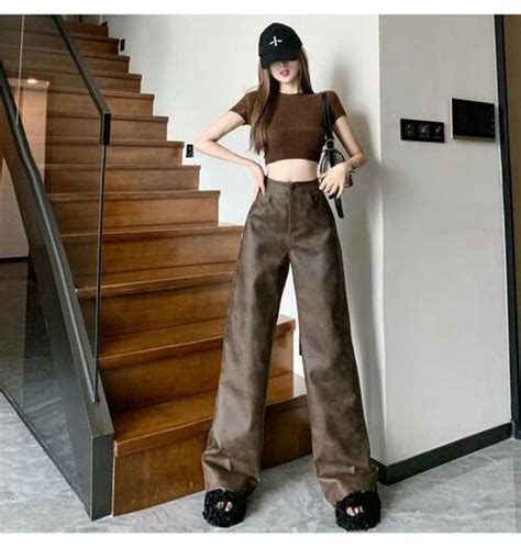 셉띠엠브레 배기핏바지 여자 가을바지 보카시 가을 Pu가죽 카브라운 가죽 와이드팬츠 빈티지 Uno3 티몬