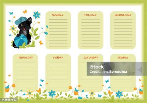 화려한 여름 디자인의 귀여운 작은 검은 고양이와 함께 학교 주간 및 일일 플래너 0명에 대한 스톡 벡터 아트 및 기타 이미지 0명 검은색 고양이 새끼 Istock