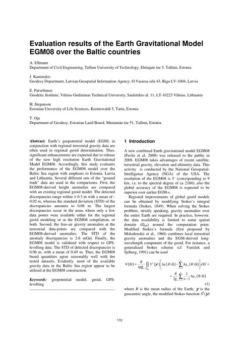 Pdf Performance Of The Earth Gravitational Model Egm08 Over The Baltic Countries