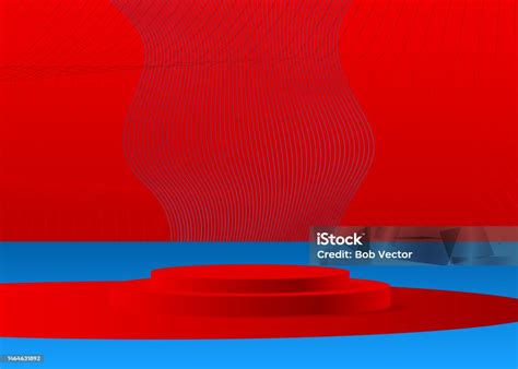 파란색과 빨간색 모형 실린더 받침대 연단 추상 3d 제품 디스플레이 프레젠테이션을 위한 현실적인 벡터 무대 쇼케이스 최소한의 기하학적 형태 빈 장면 0명에 대한 스톡 벡터