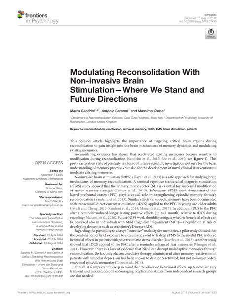Pdf Modulating Reconsolidation With Non Invasive Brain Stimulation—where We Stand And Future