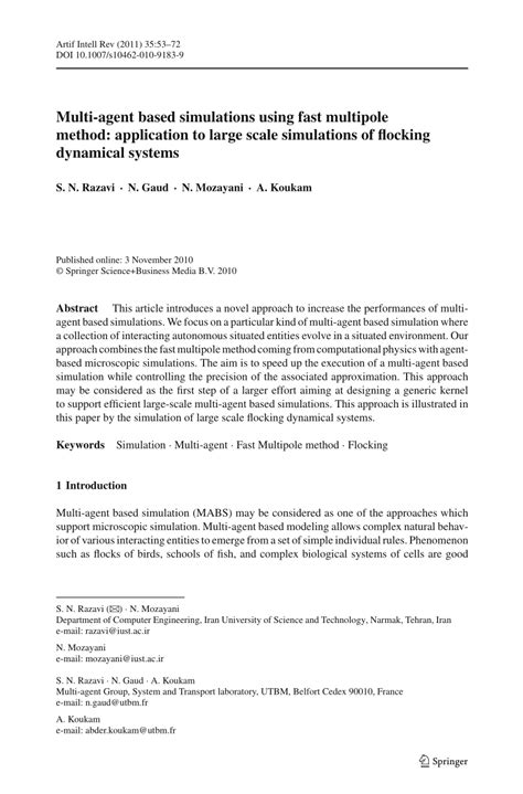 Pdf Multi Agent Based Simulations Using Fast Multipole Method Application To Large Scale