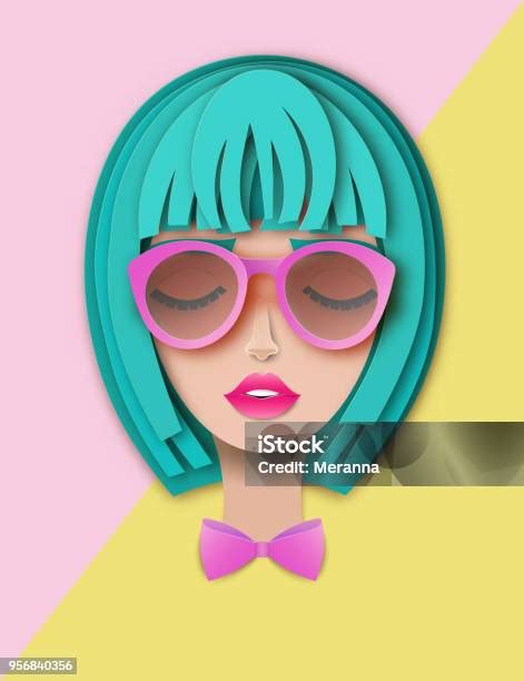 젊은 아름 다운 여자 짧은 머리와 선글라스의 벡터 초상화 현대 디지털 종이 예술 계층 종이 접기 스타일입니다 아름다움과 패션 컨셉 공예에 대한 스톡 벡터 아트 및 기타