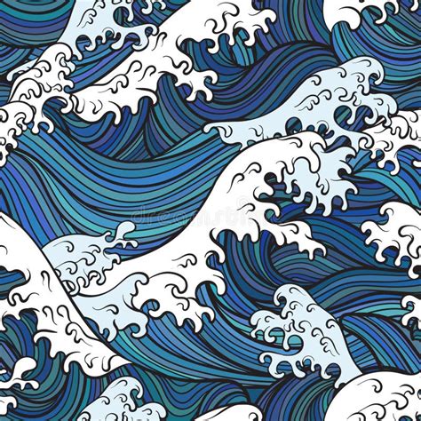 Pattern Illustration Featuring Stylized Ocean Waves In Dynamic Blue Tones Stock Illustration