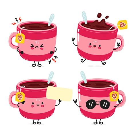 Premium Vector Funny Cute Happy Pink Cup Of Tea Characters Bundle Set