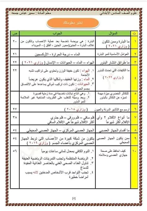 ملخص شامل علوم سادس ابتدائي اسئلة تعاريف مقارنات فراغات بين السبب
