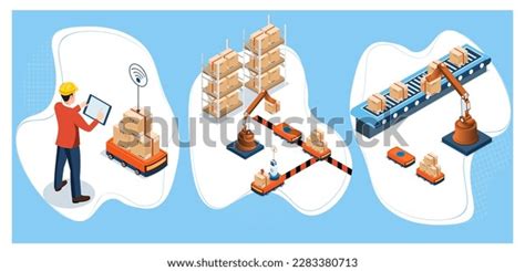 3d Isometric Automated Warehouse Robots Smart Stock Vector Royalty