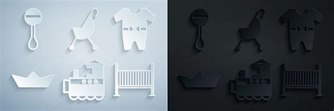 장난감 기차 아기 옷 접힌 종이 보트 유아용 침대 요람 침대 유모차 및 딸랑이 아기 장난감 아이콘을 설정합니다 벡터 3차원 형태에 대한 스톡 벡터 아트 및 기타 이미지