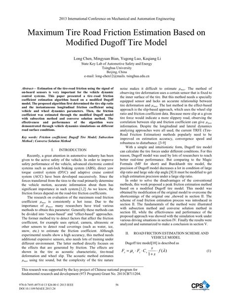 PDF Maximum Tire Road Friction Estimation Based On Modified Dugoff Tire Model