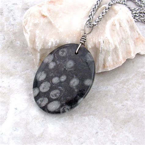 Black Fossil Stone Pendant Necklace On Stainless Steel Chain Natural