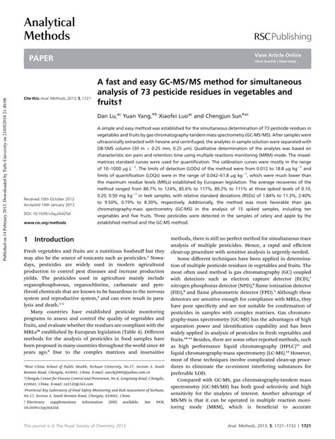 Pdf A Fast And Easy Gc Ms Ms Method For Simultaneous Analysis Of 73 Pesticide Residues In