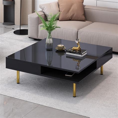 Clihome 3340 In Exquisite High Gloss Black Square Particle Board Coffee Table With 4 Golden