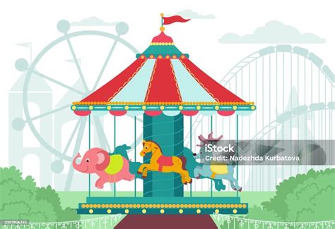 도시 놀이 공원의 아름다운 어린이 회전 목마 말이나 코끼리와 함께 회전목마를 타고 다닙니다 어린이 엔터테인먼트 회전하는 인력 박람회장 원형 교차로 관람차 벡터 개념 관람차에