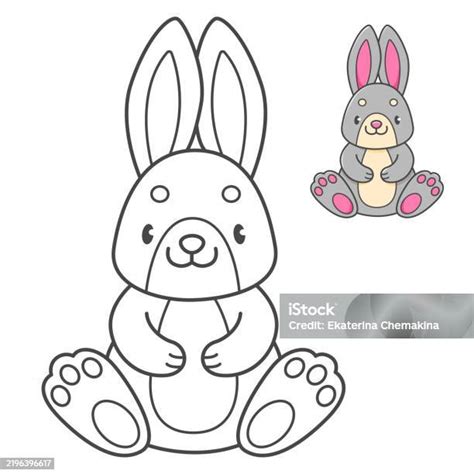아이들을 위한 색칠 예제가 있는 토끼 색칠 공부 책 귀여운 토끼와 함께 색칠 공부 페이지 흑백 및 컬러 버전 어린이의 그림입니다 0명에 대한 스톡 벡터 아트 및 기타 이미지