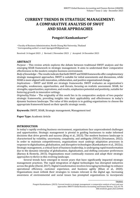 Pdf Current Trends In Strategic Management A Comparative Analysis Of Swot And Soar Approaches