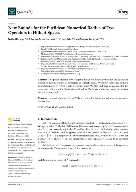 Pdf New Bounds For The Euclidean Numerical Radius Of Two Operators In Hilbert Spaces