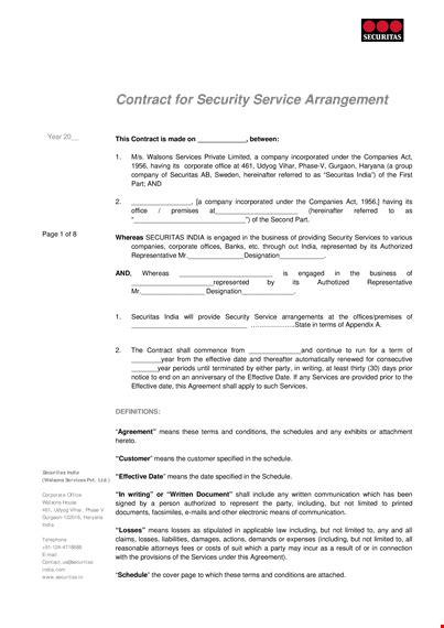 Security Services Agreement Securitas India Services Terms