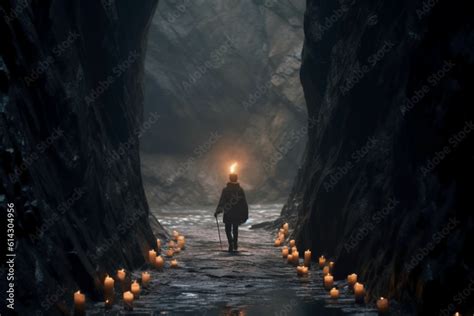 광활하게 둘러싸인 좁은 길을 촛불을 들고 걷는 남자의 뒷모습 실루엣 인공지능 생성 Иллюстрация Stock Adobe Stock