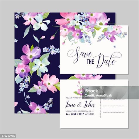 봄 층 층 나무 꽃으로 날짜 결혼식 초대장 서식 파일을 저장 합니다 축 하에 대 한 낭만적인 꽃 인사말 카드입니다 수채화 식물 디자인입니다 벡터 일러스트 레이 션 결혼