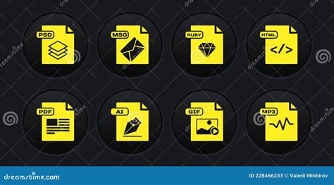 Set PDF File Document HTML AI GIF RUBY MSG MP And PSD Icon Vector Stock Vector