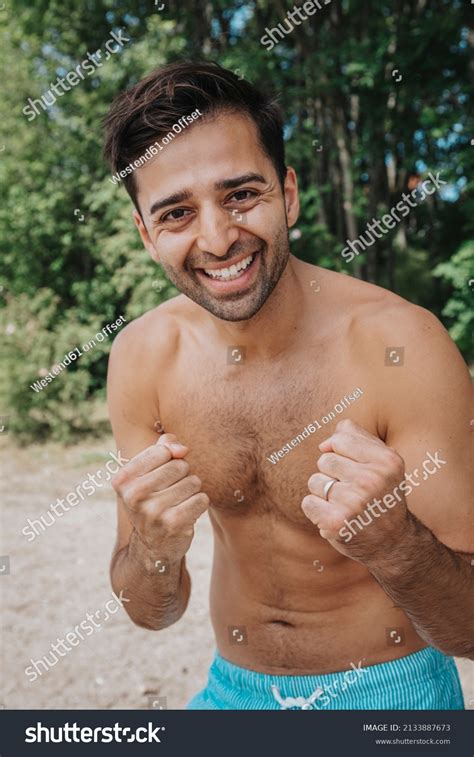 Smiling Shirtless Man Lakeshore Stock Photo Shutterstock