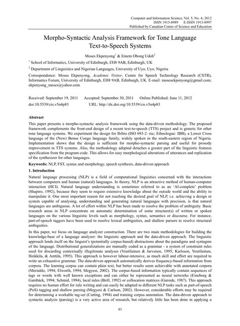 Pdf Morpho Syntactic Analysis Framework For Tone Language Text To Speech Systems