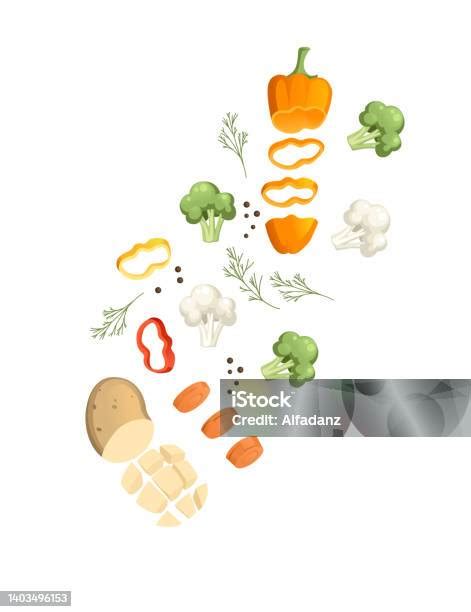 흰 배경에 고립 된 벡터 일러스트 레이 션을 요리하기위한 고추 감자와 당근 색의 음식 아이콘으로 얇게 썬 야채 고추류에 대한 스톡 벡터 아트 및 기타 이미지 Istock
