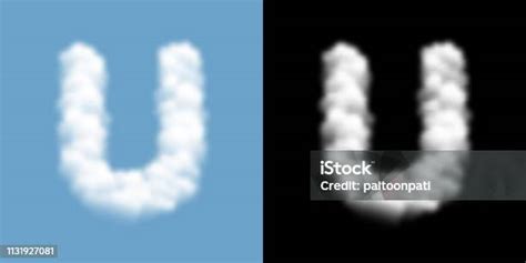 알파벳 대문자 집합 문자 U 구름 또는 연기 패턴 투명 한 그림 고립 된 파란 하늘 배경에 떠 있는 불투명 마스크 벡터 Eps