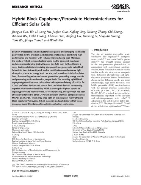 Hybrid Block Copolymerperovskite Heterointerfaces For Efficient Solar