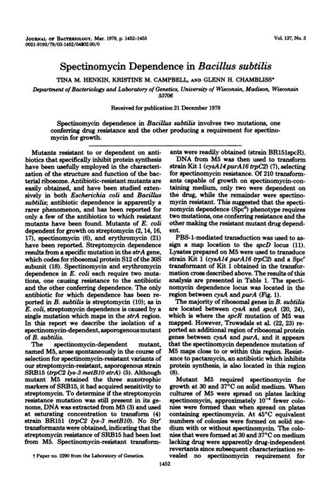 Spectinomycin Dependence In Bacillus Subtilis Pmc
