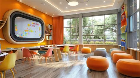 Virtual Classroom With Floating Chairs And Digital Blackboards